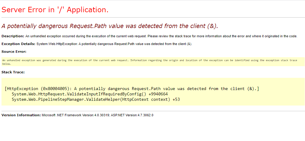 Aspnet Fix A Potentially Dangerous Requestpath Value Was Detected From The Client 5592